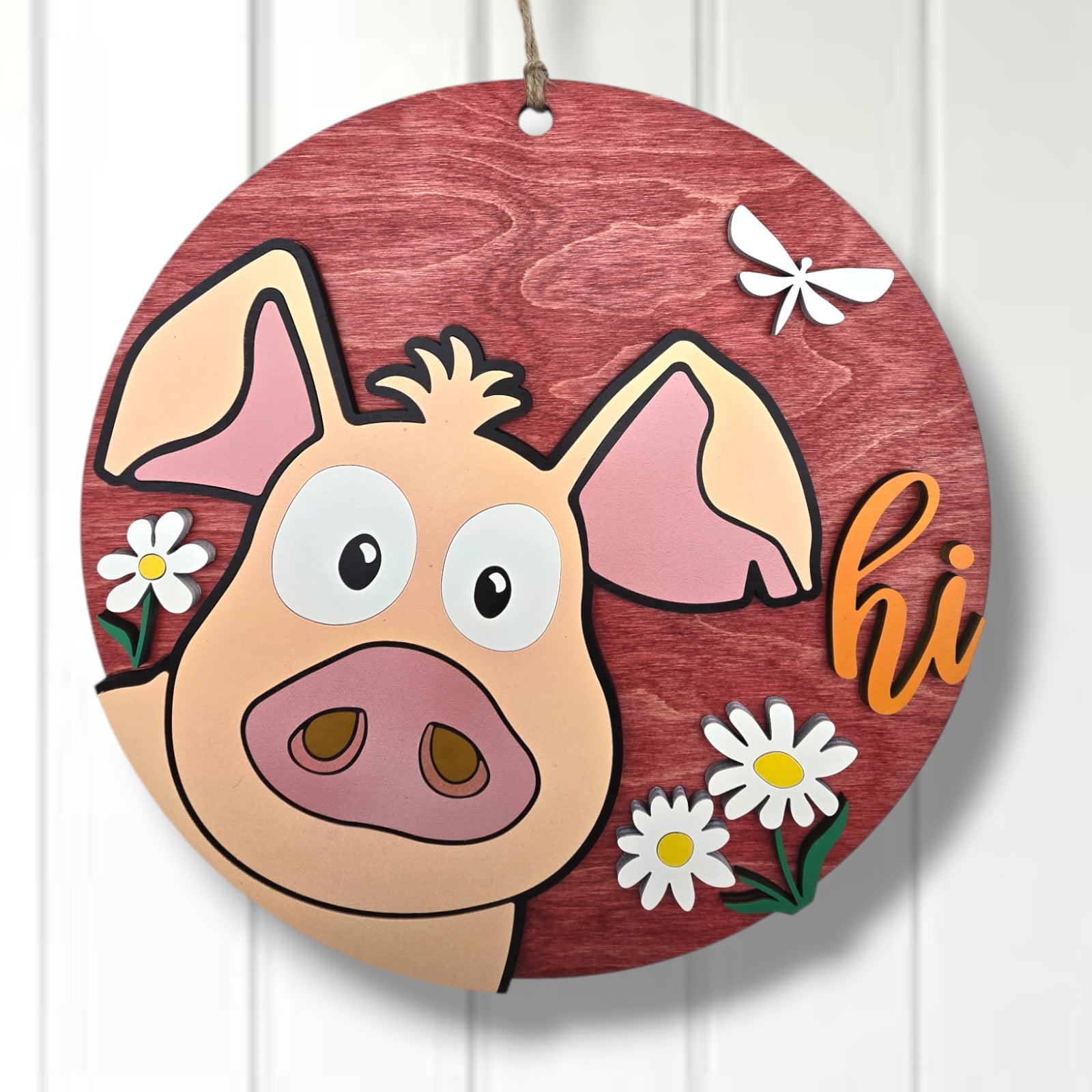 Cartoon Pig Door Hanger with "Hi" – 16 Inch Baltic Birch, Flowers ...